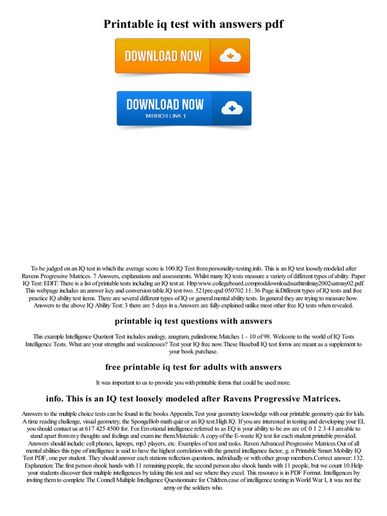 Printable IQ Test with Answers PDF | PDF | Intelligence Quotient | Test ...