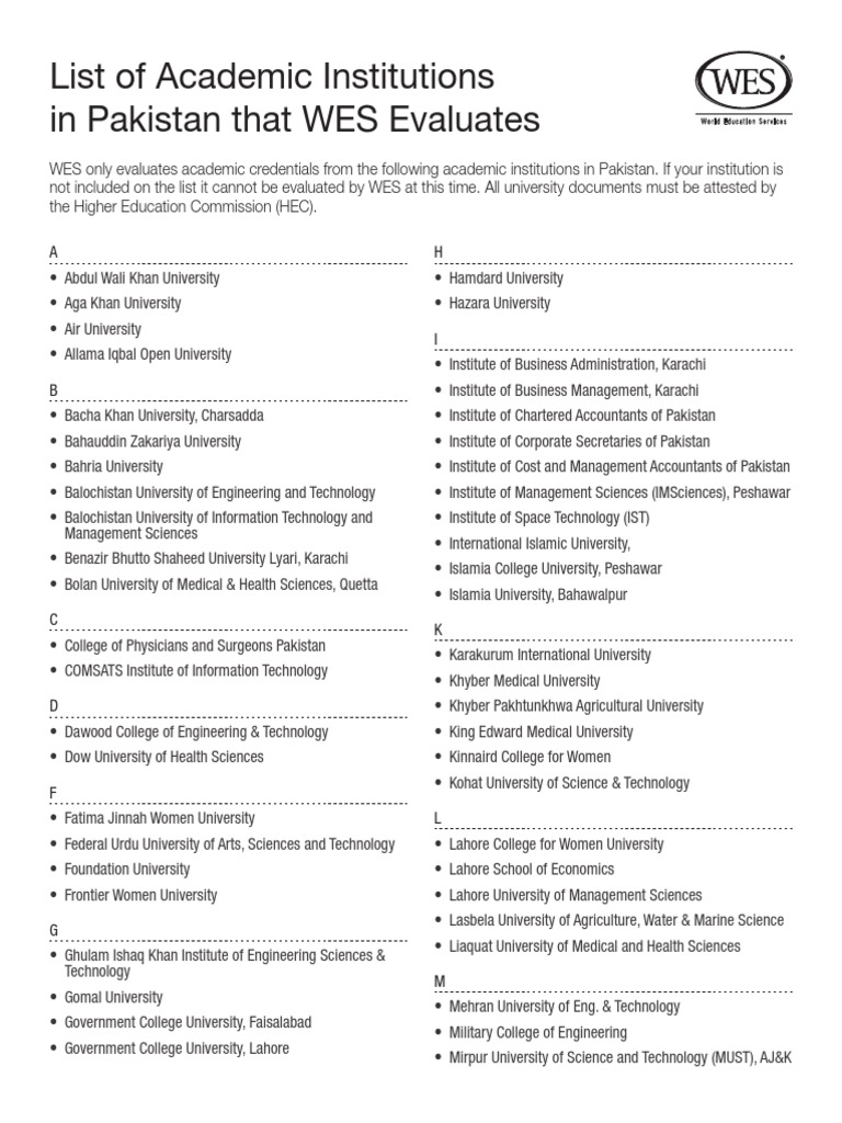 WES Approved Universities in Pakistan | PDF | Karachi | Pakistan