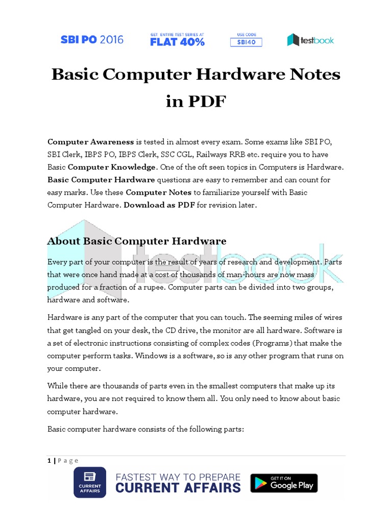 Basic Computer Hardware Notes in PDF | PDF | Random Access Memory ...