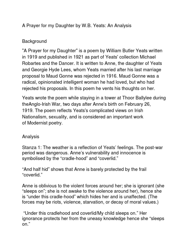 A Prayer for My Daughter by WB Yeats | Fiction & Literature