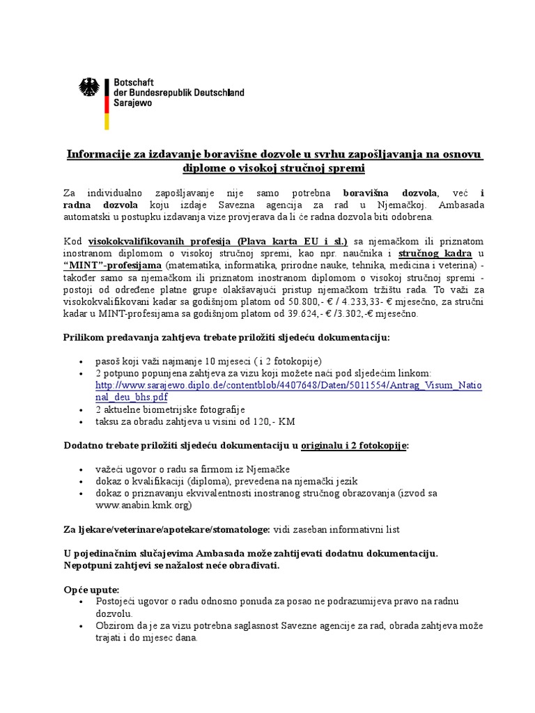 Dokumenta Potrebna Za Plavu Kartu VISA | PDF