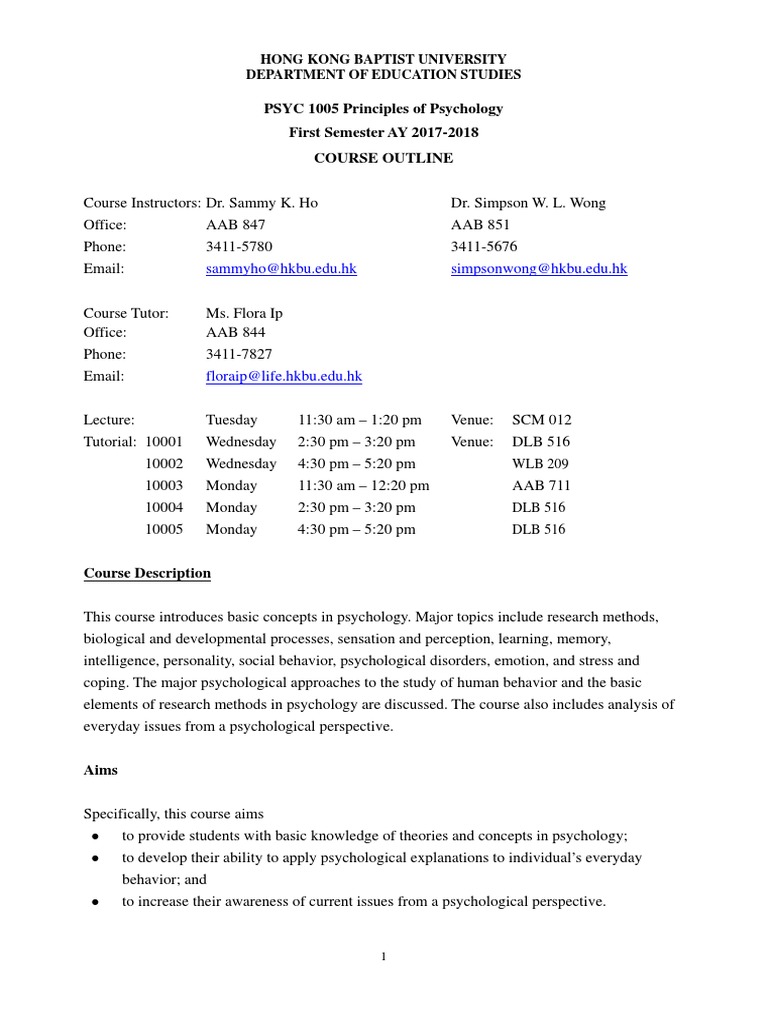 PSYC 1005 Lecture Outline AY2017-18 (1st Semester) | PDF | Lecture ...