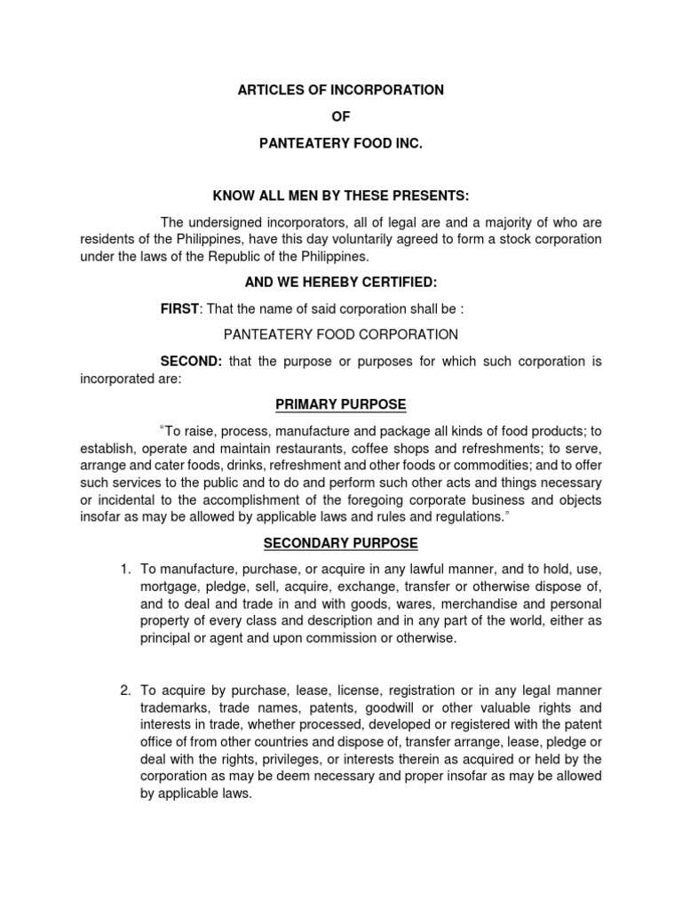 Artikulo Ng Korporasyon Docuss | Corporations | Philippines