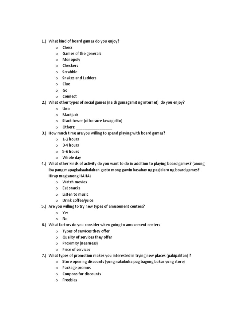 For Questionnaire | PDF | Tabletop Games | Games Of Mental Skill