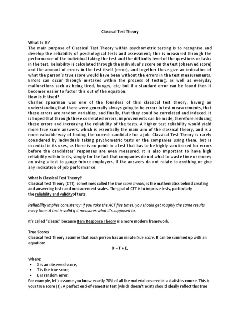 Classical Test Theory Pdf Variance Test Assessment