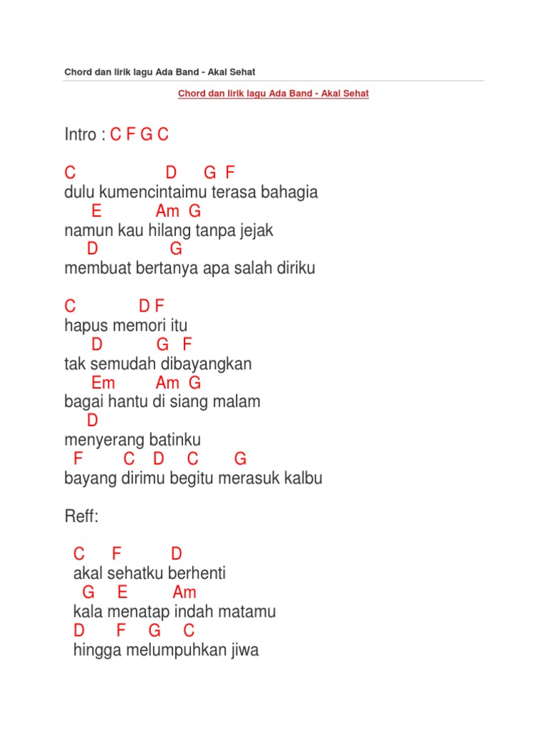 Chord Dan Lirik Lagu Ada Band - Akal Sehat | PDF | Puisi