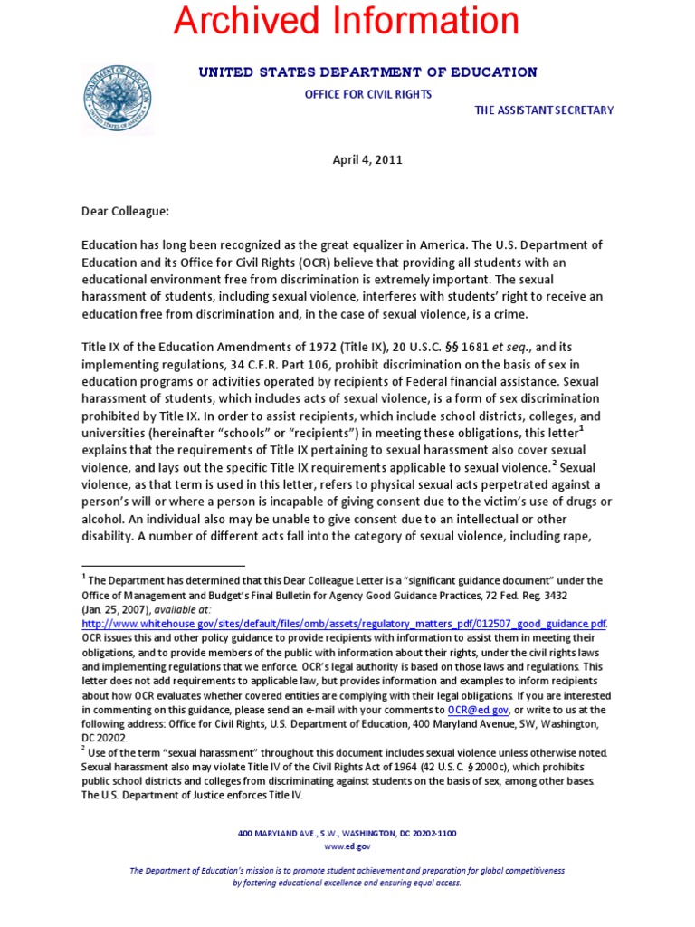 Dear Colleague Letter | PDF | Title Ix | Sexual Harassment