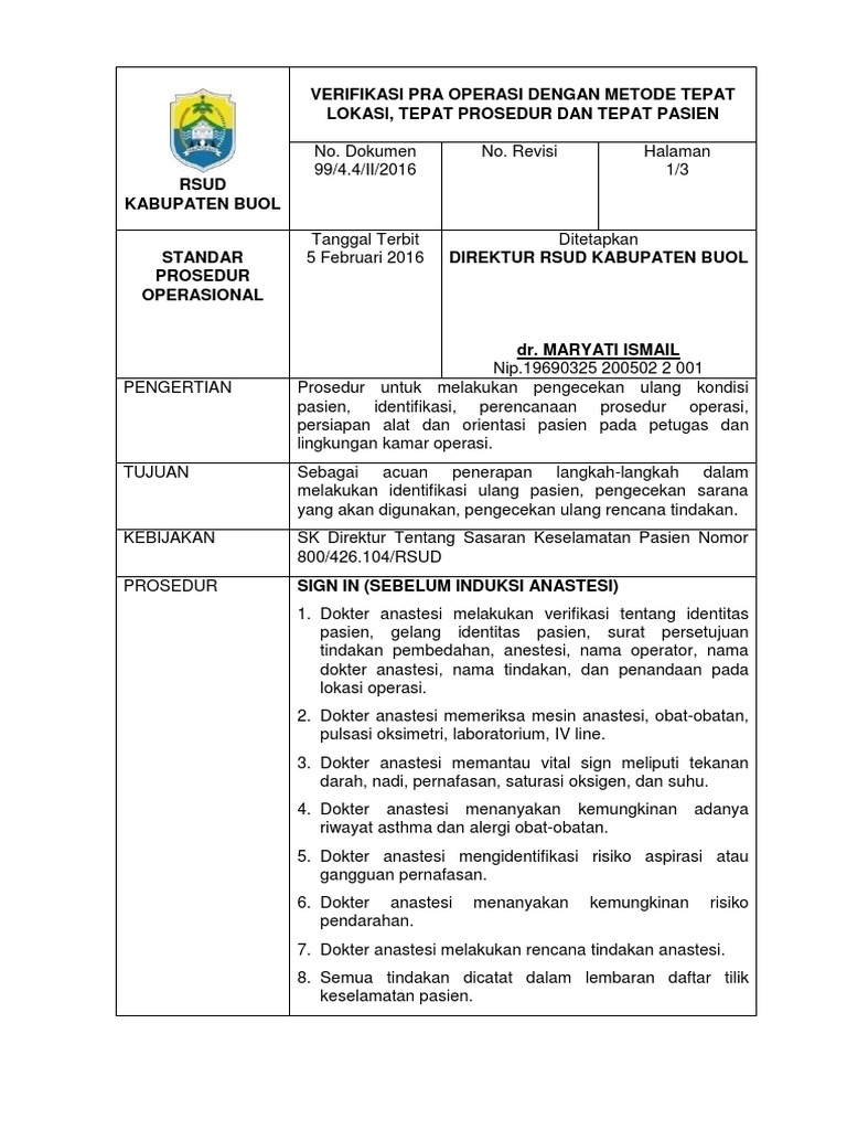 SPO Verifikasi Pra Operasi Dengan Metode Tepat Lokasi, Tepat Prosedur ...