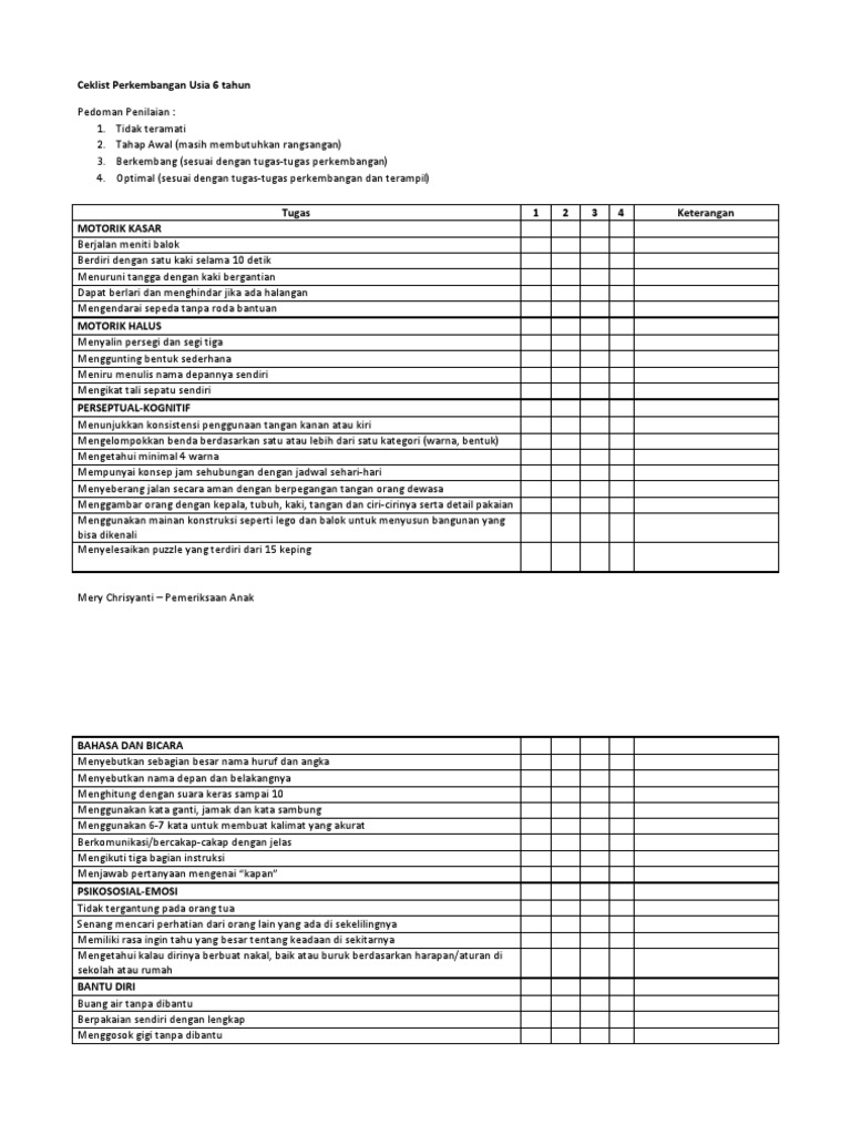 Checklist Perkembangan Anak Usia Dini | PDF | Seni & Disiplin Bahasa