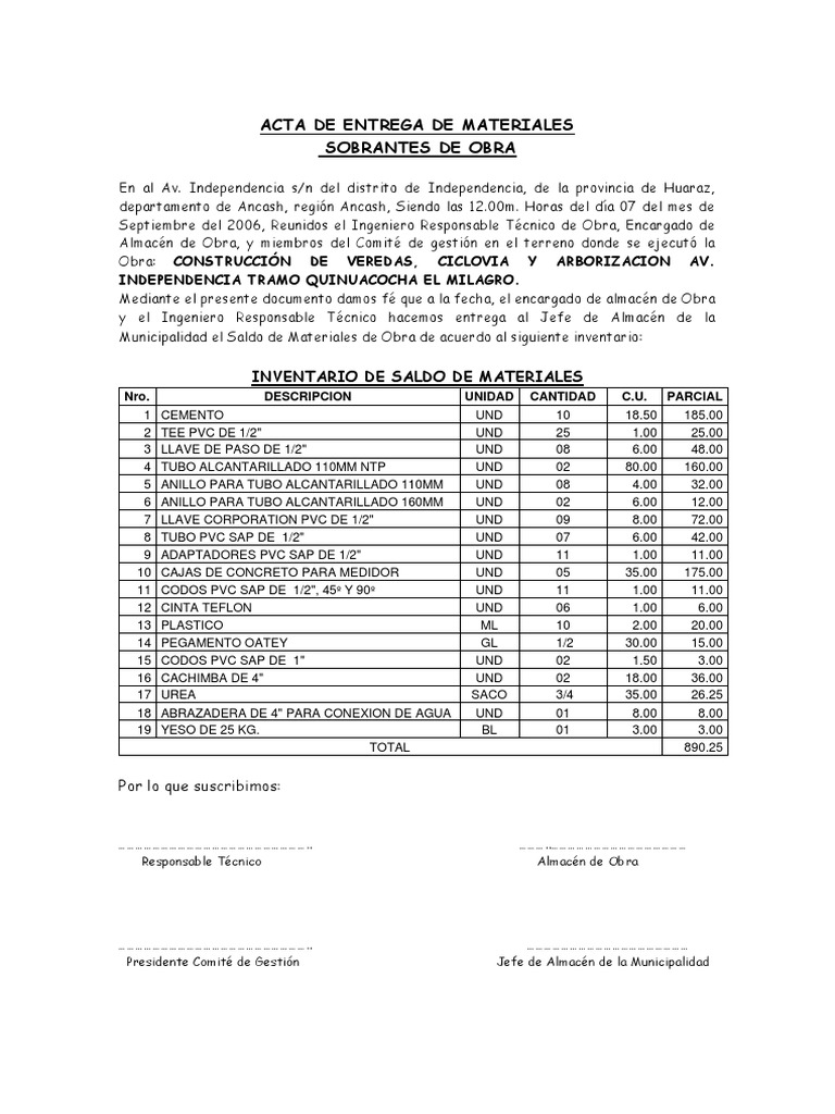 Acta de Entrega de Materiales | PDF | Ingeniería de Edificación | Materiales de construcción