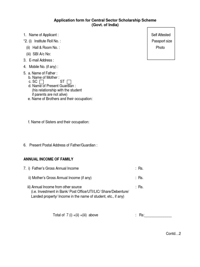Application Form For Central Sector Scholarship Scheme (Govt. of India ...
