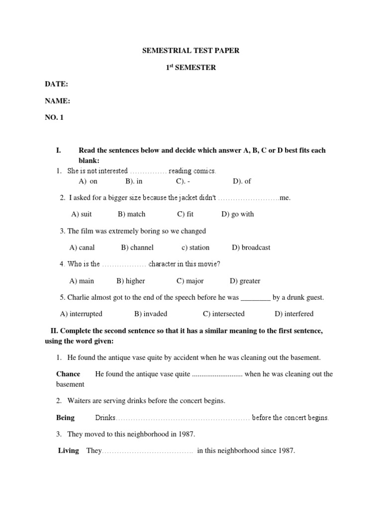 1st Semester English Test Paper | PDF | Leisure