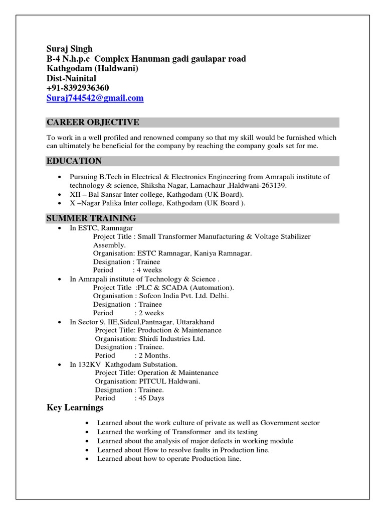B.tech (EEE) RESUME | Science And Technology | Technology & Engineering