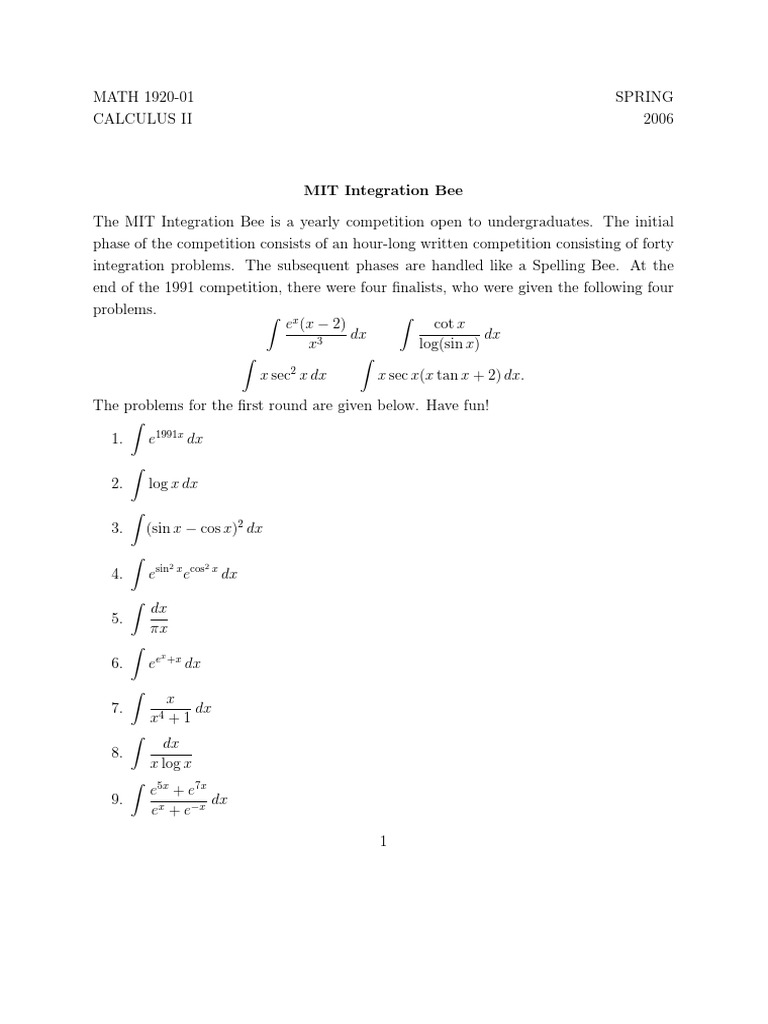 M It Integration Bee 2006 | PDF | Differential Calculus | Hyperbolic ...