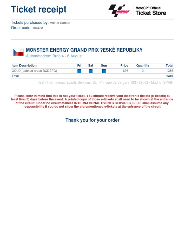 Ticket Receipt: Monster Energy Grand Prix ?eské Republiky | PDF ...