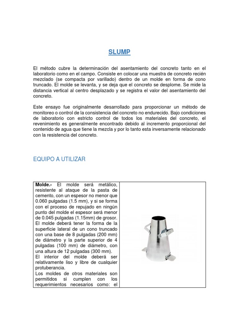 Slump - Slump Flow-Aire Atrapado | PDF | Hormigón | Pulgada
