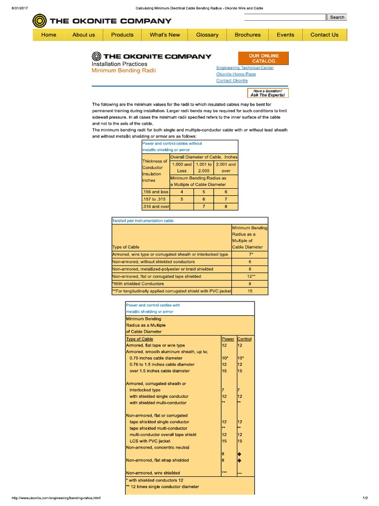 Calculating Minimum Electrical Cable Bending Radius - Okonite Wire and ...