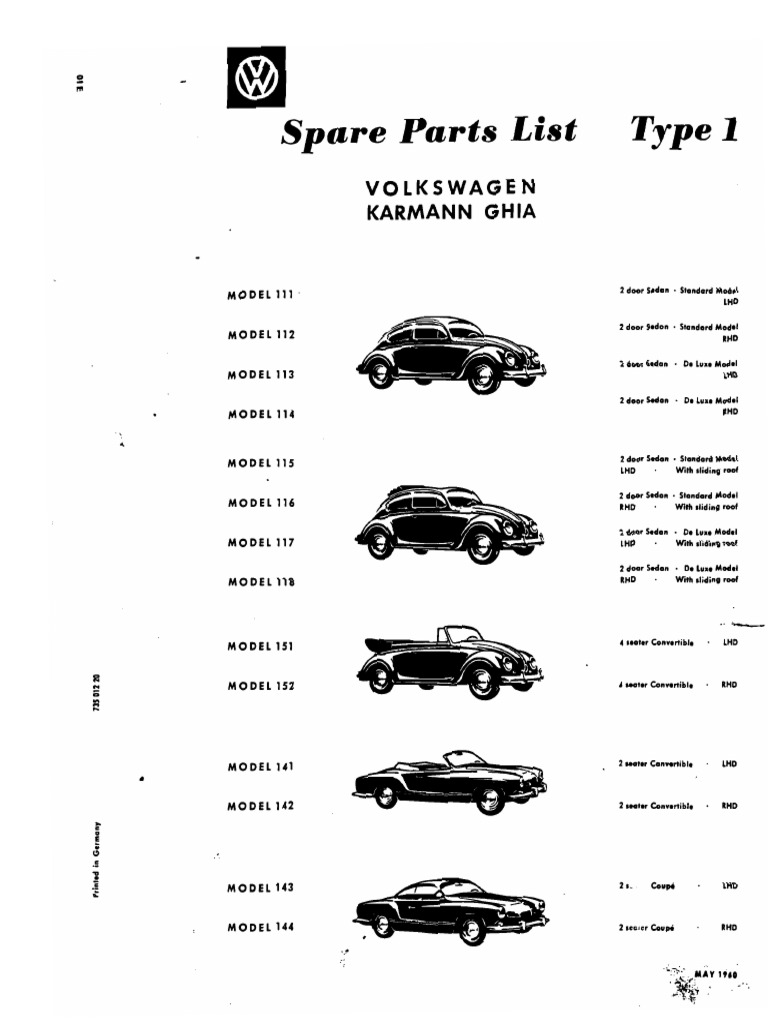VW Spare Parts List Type 1 May 1960 PDF | PDF