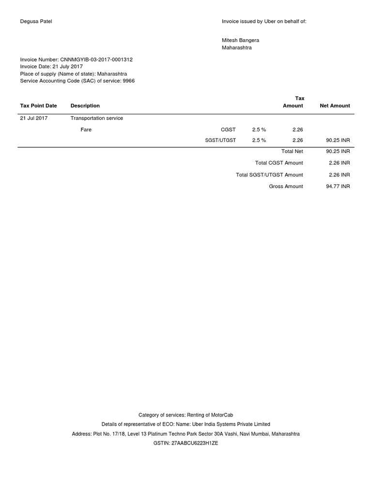 Uber Invoice Sample for MotorCab Service | PDF