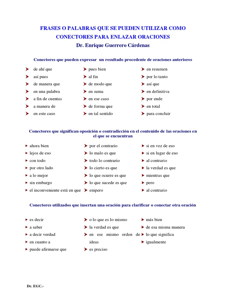 Frases o Palabras Que Se Pueden Utilizar Como Conectores Para Enlazar ...