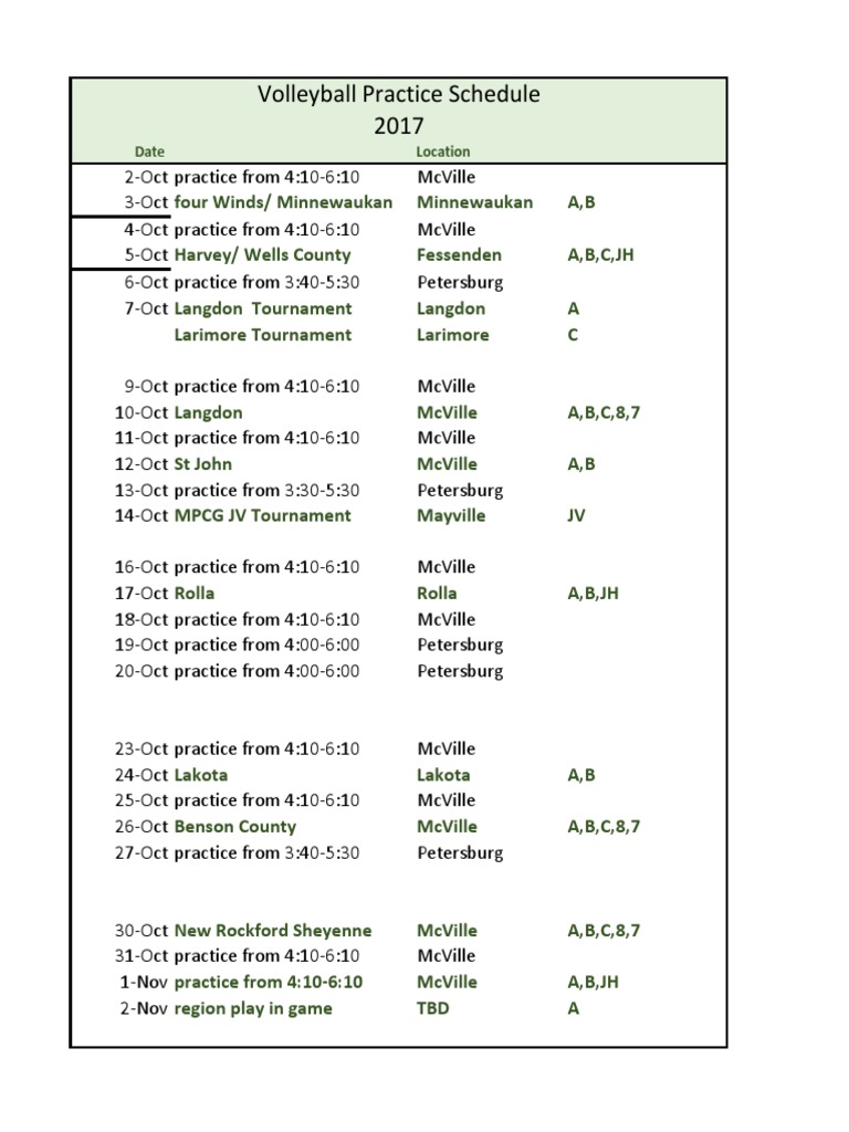 2017 Volleyball Practice Schedule | PDF