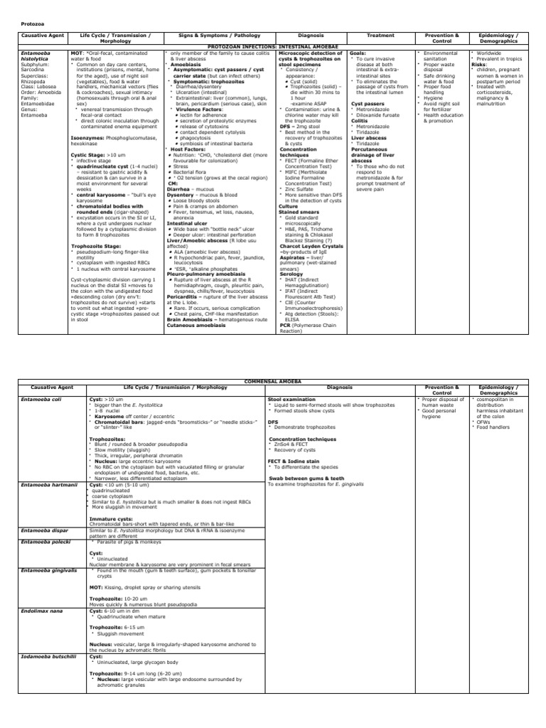 Parasitology Table: Protozoa | Clinical Medicine | Diseases And Disorders