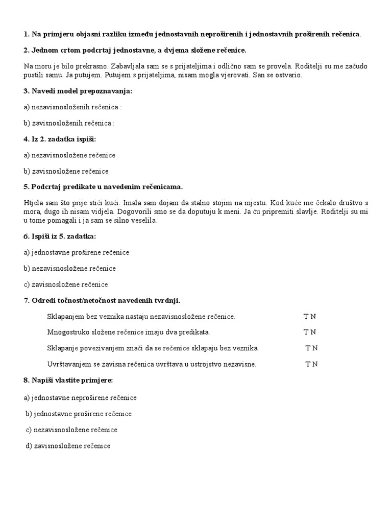 Nastavni Listić Rečenice | PDF