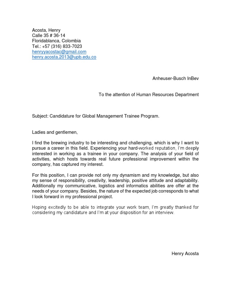 Cover Letter Anheuser-Busch InBev | PDF