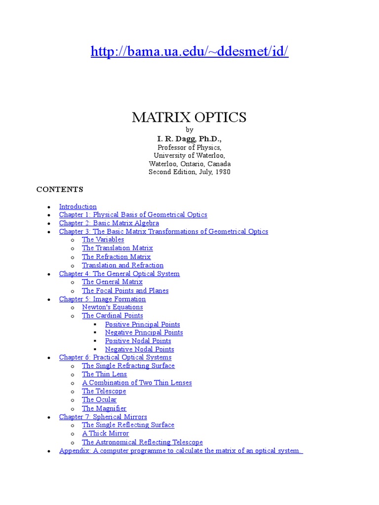 Matrix Optics | PDF | Matrix (Mathematics) | Lens (Optics)