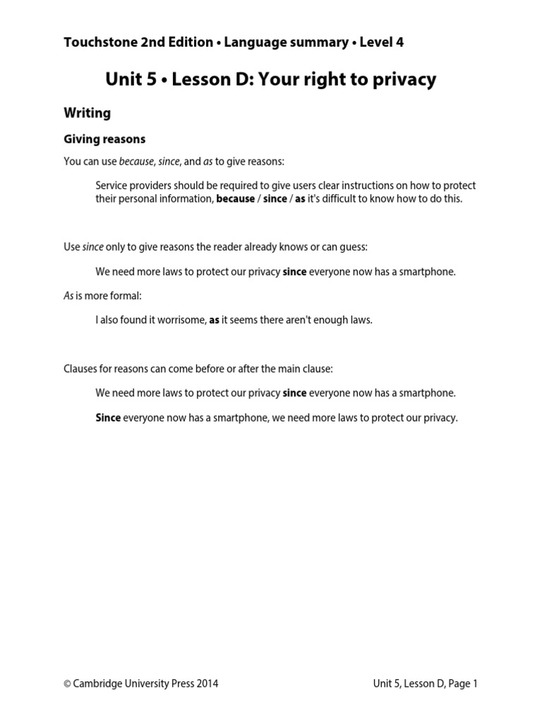 Unit 5 - Lesson D: Your Right To Privacy: Touchstone 2nd Edition ...
