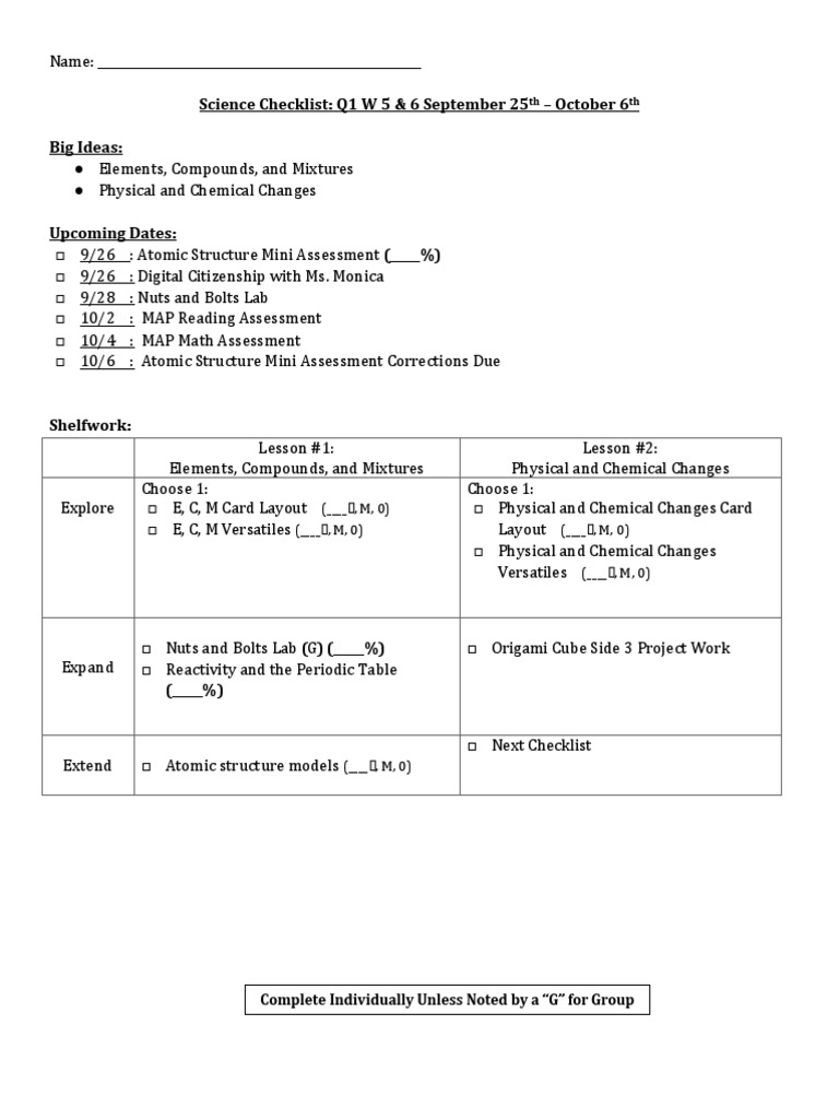 Science Checklist: Elements & Changes | PDF
