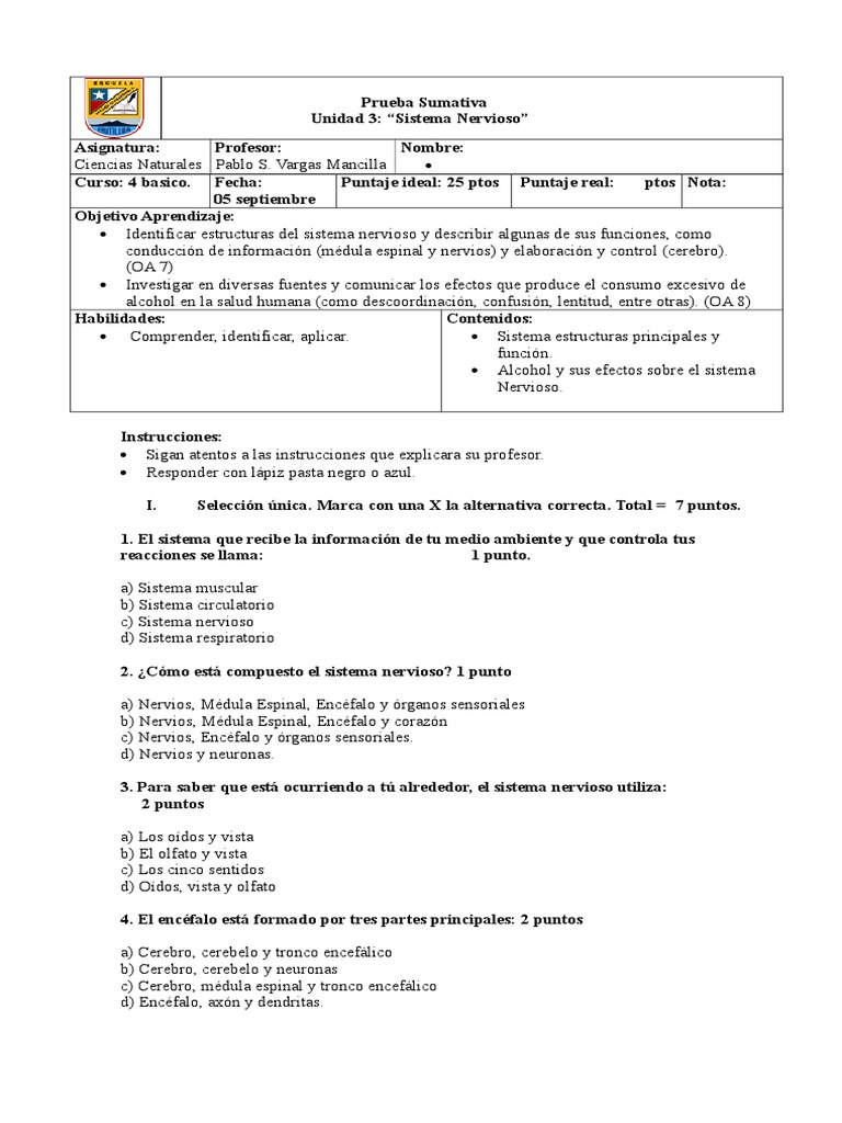 PRUEBA SIsT NERVIOSO 4 BASICO+ | Neurona | Cerebro PRUEBA SIsT NERVIOSO 4 BASICO+ | Neurona | Cerebro