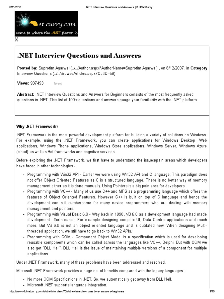 Net Interview Questions And Answers Dotnet Pdf Component Object Model Class Computer