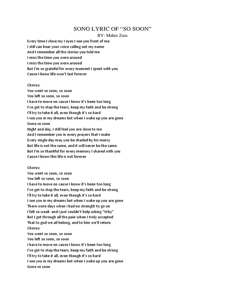 Song Lyric of "So Soon": BY: Maher Zain | PDF | Religion And Belief