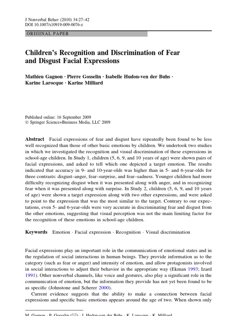 Children's Recognition and Discrimination of Fear and Disgust Facial Expressions | PDF | Facial ...