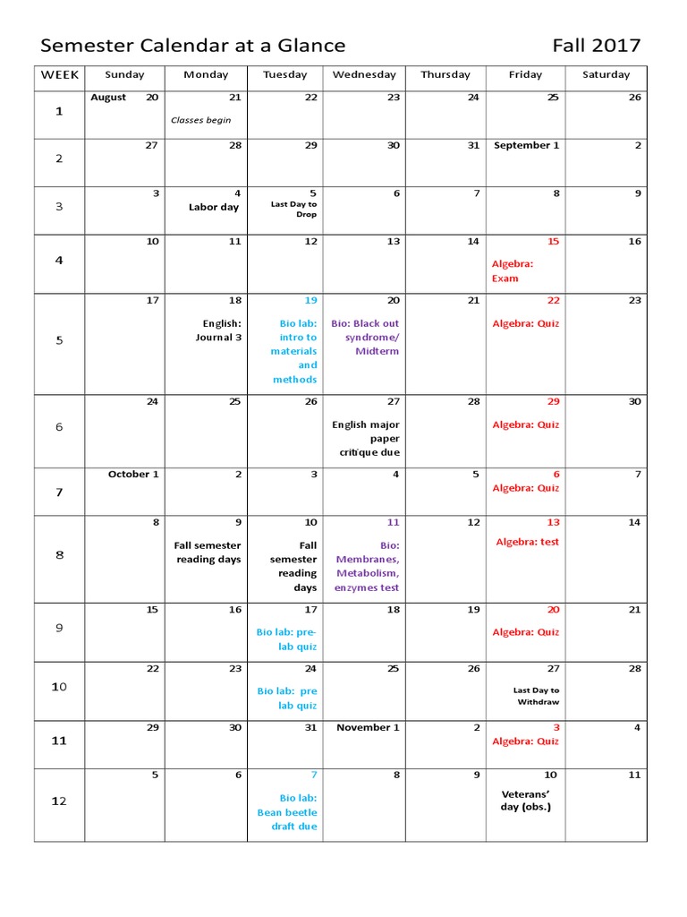 Semester Calendar Fall 2017 | PDF | Academic Term | Holidays