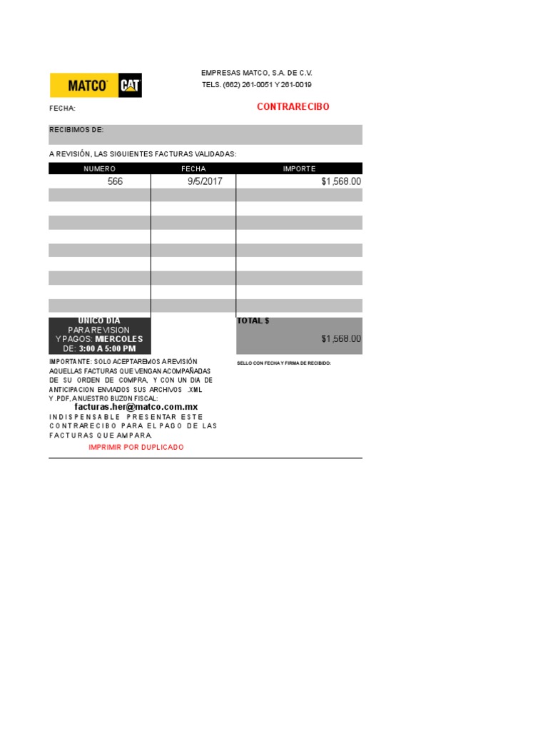 Formato Contra Recibo Proveedores Matco | Formatos de archivo de ...