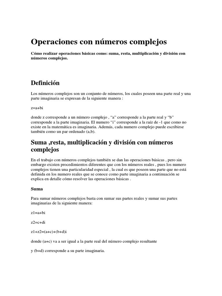 Operaciones Con Numeros Complejos | PDF | Número complejo | Multiplicación