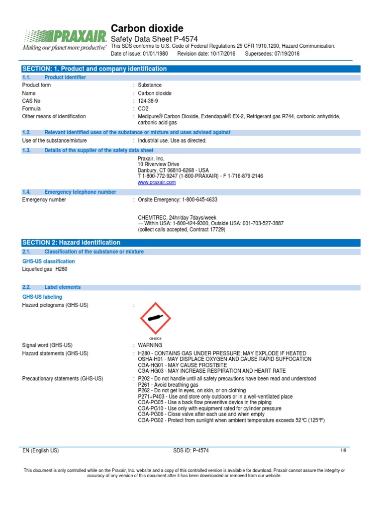 Carbon Dioxide: Safety Data Sheet P-4574 | PDF | Personal Protective Equipment | Chemistry