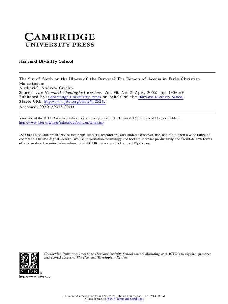 Andrew Crislip. The Sin of Sloth or The Illness of The Demons. The ...