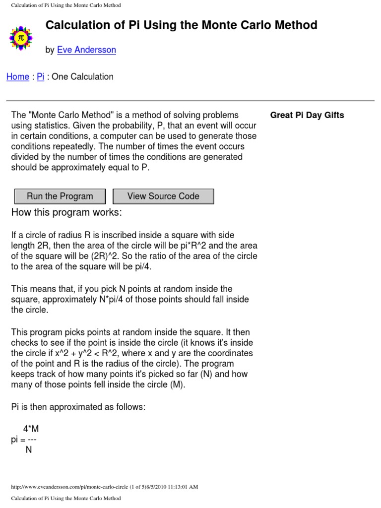 Calculation Of Pi Using The Monte Carlo Method Pdf Pi Area