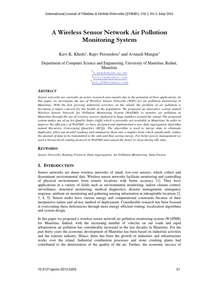 A Wireless Sensor Network Air Pollution Monitoring System | PDF
