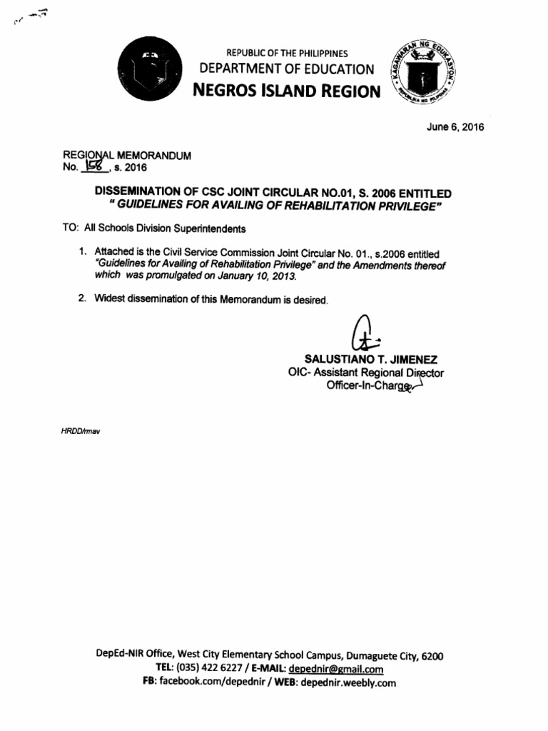 Regional Memo 158 S 2016 Dissemination of CSC Joint Circular No 01 S ...