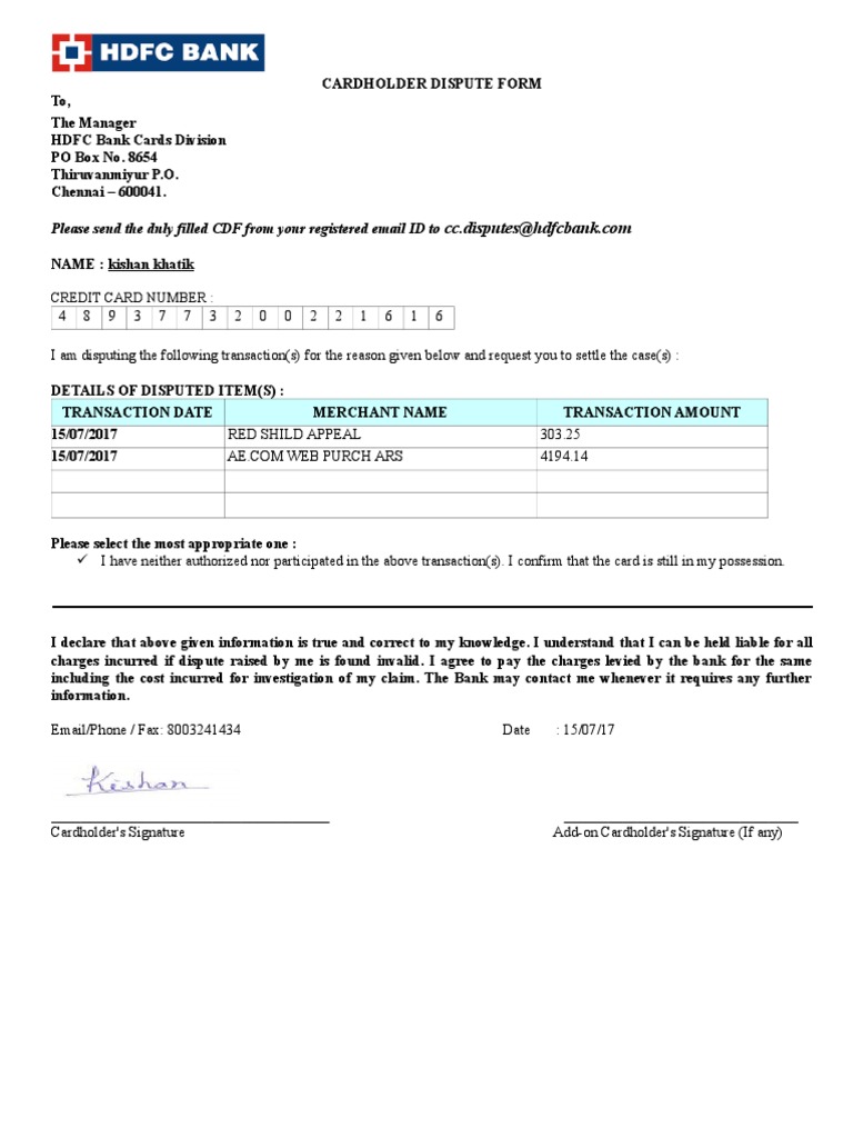HDFC Cardholder Dispute Form | PDF | Career & Growth | Finance & Money ...