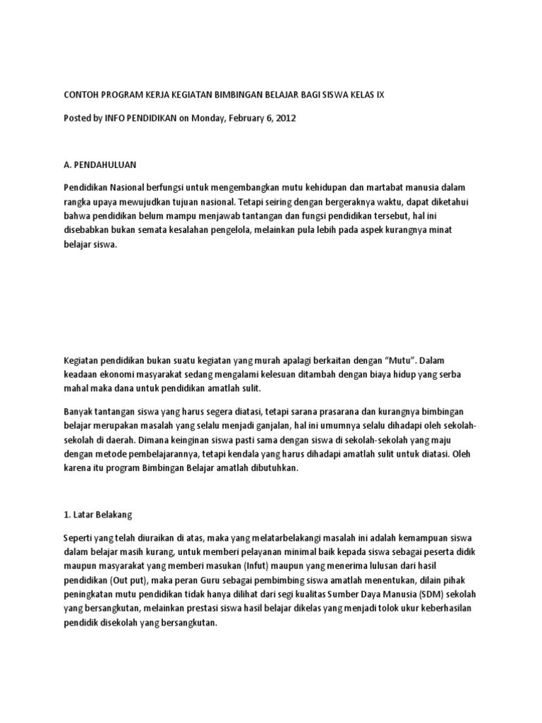 Contoh Program Kerja Kegiatan Bimbingan Belajar Bagi Siswa Kelas Ix | PDF
