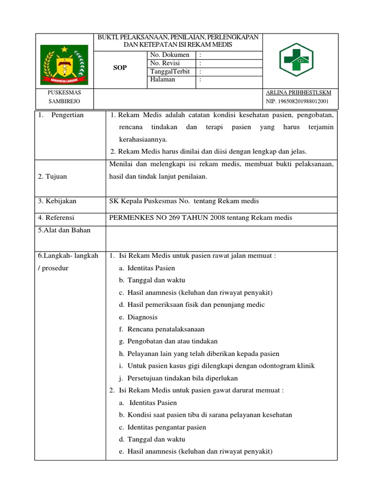 SOP Penilaian Kelengkapan Dan Ketepatan Isi Rekam Medis | PDF