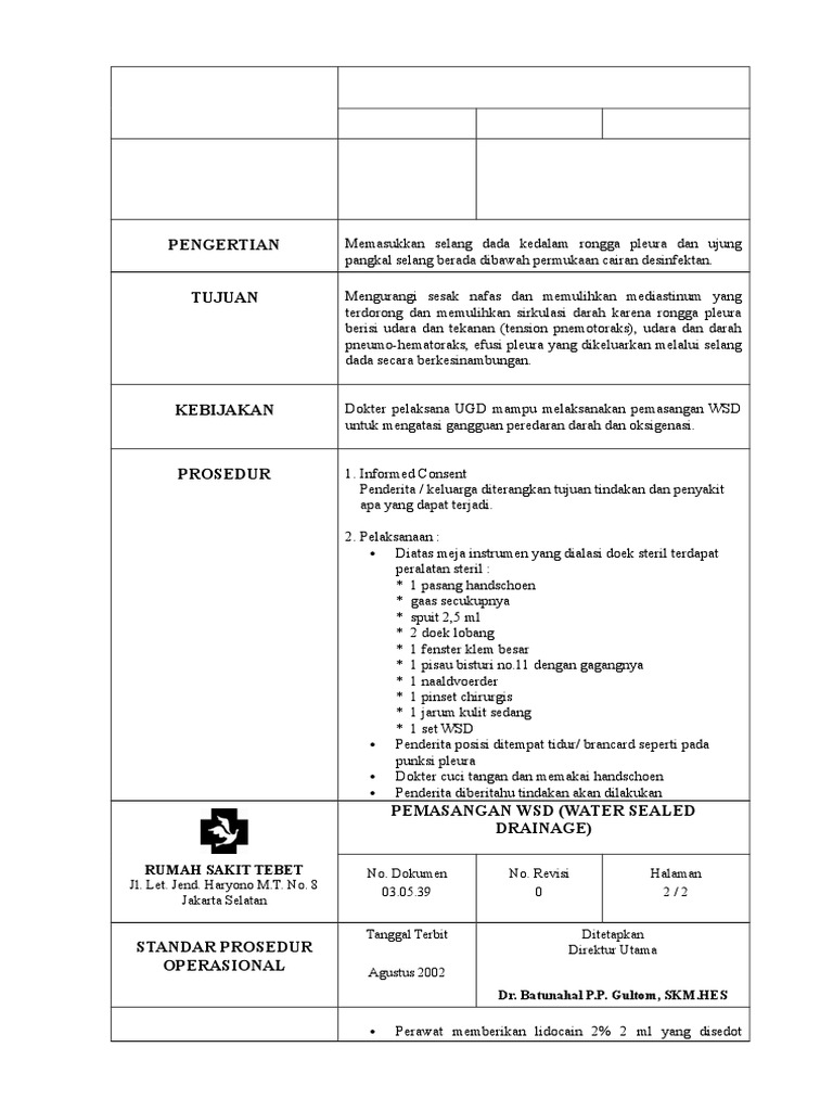 Spo Pemasangan WSD | PDF