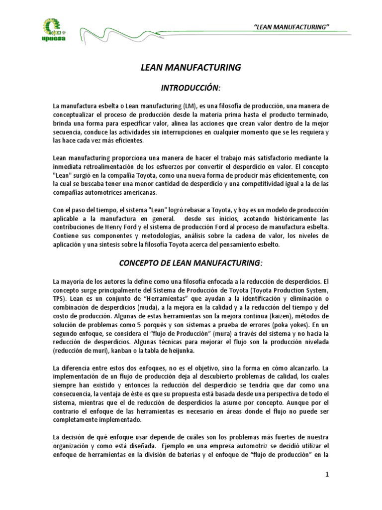 Resumen de La Unidad de Aprendizaje Manufactura Esbelta (Lean Manufacturing) | PDF | Lean ...