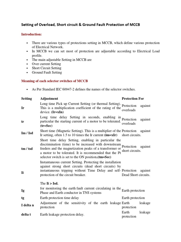 Setting of Overload of MCCB | PDF | Fuse (Electrical) | Manufactured Goods
