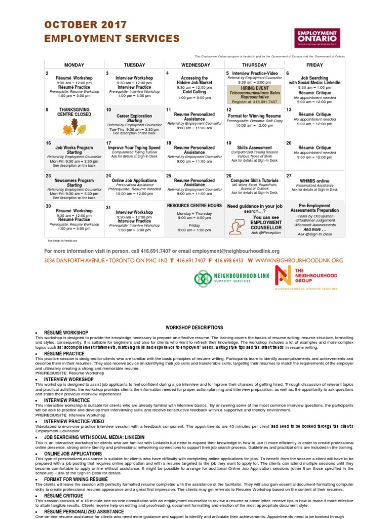 October 2017 Employment Services Schedule | PDF | Résumé | Interview